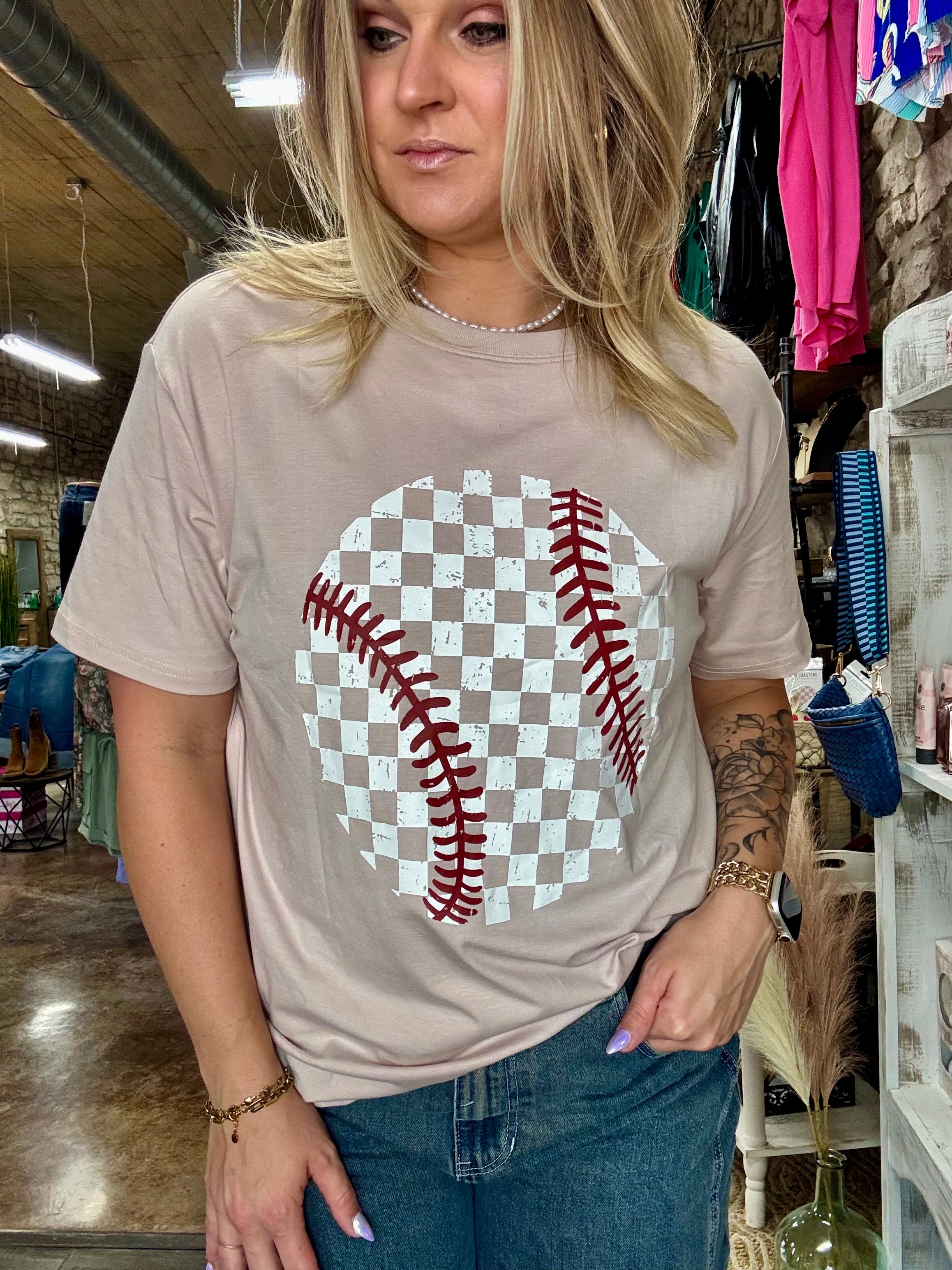 Checkered Baseball Graphic Tee – Switch Salon, Spa, & Boutique